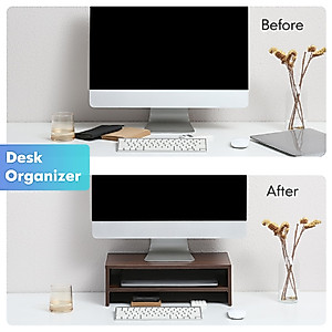 FITUEYES Monitor Stand - 2 Tier Computer Monitor Riser with 16.7 Inch Shelf, Wood Desktop Stand for Laptop Computer Screen, Desk Organization, Office Supplies