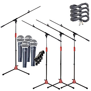 Microphone Stand with Telescoping Boom Arm, 20 Ft XLR Cable (Pack of 4) by GRIFFIN | Handheld Dynamic Mic & Clip | DJ Pro-Audio Cardioid Singing Microphones for Home Studio Recording & Live Steaming
