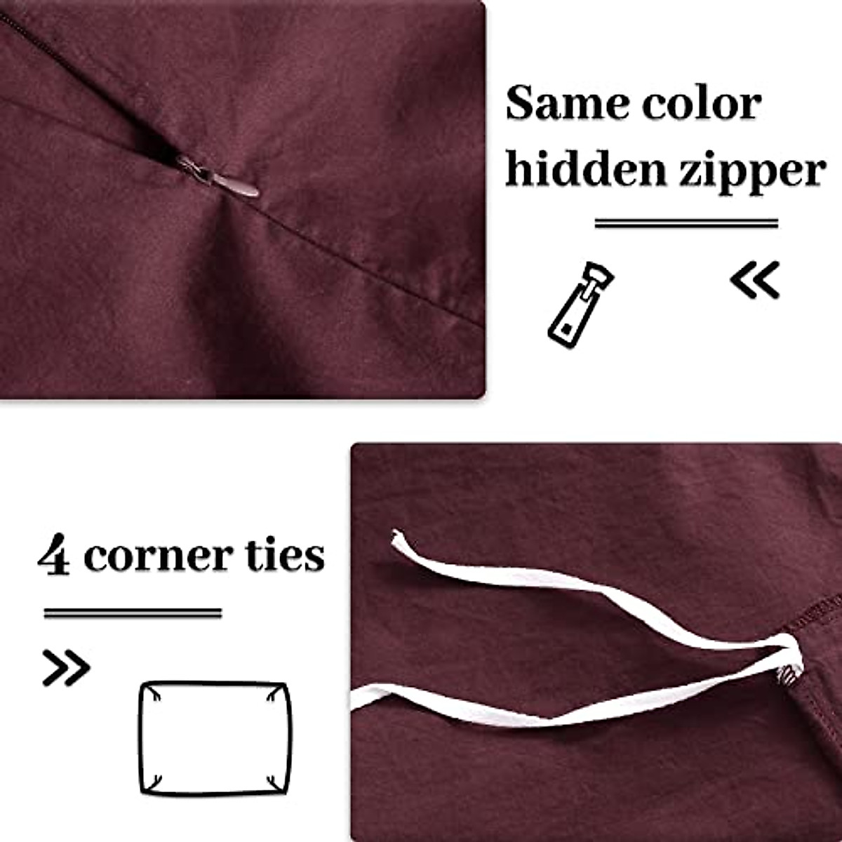 NEXHOME PRO Duvet Cover Set King Size Linen Look Textured Organic Natural 100% Washed Cotton Duvet Cover Burgundy Dark Red 3 Pieces Bedding Set with Zipper, Breathable, Soft (No Comforter)