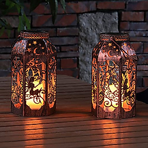Solar Lanterns, Outdoor Garden Hanging Metal Bronze Star Moon Fairy Lanterns, Set of 1,9.3 Inch Waterproof Flickering Flameless Candle Mission Lights for Patio,Table,Pathway,Balcony,Party Decorative