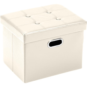 COSYLAND Storage Ottoman Foot Rest - 17x13x13in Leather Ottoman Rectangle Foot Stool Folding Ottoman for Room Dorm Small Collapsible Bench Seat Organizer Entryway Furniture with Handles Lid Beige