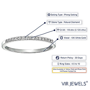 Vir Jewels 1/8 cttw Diamond Wedding Anniversary Band for Women, Round Diamond Engagement Ring 10K White Gold Prong Set 0.125 cttw, Size 6