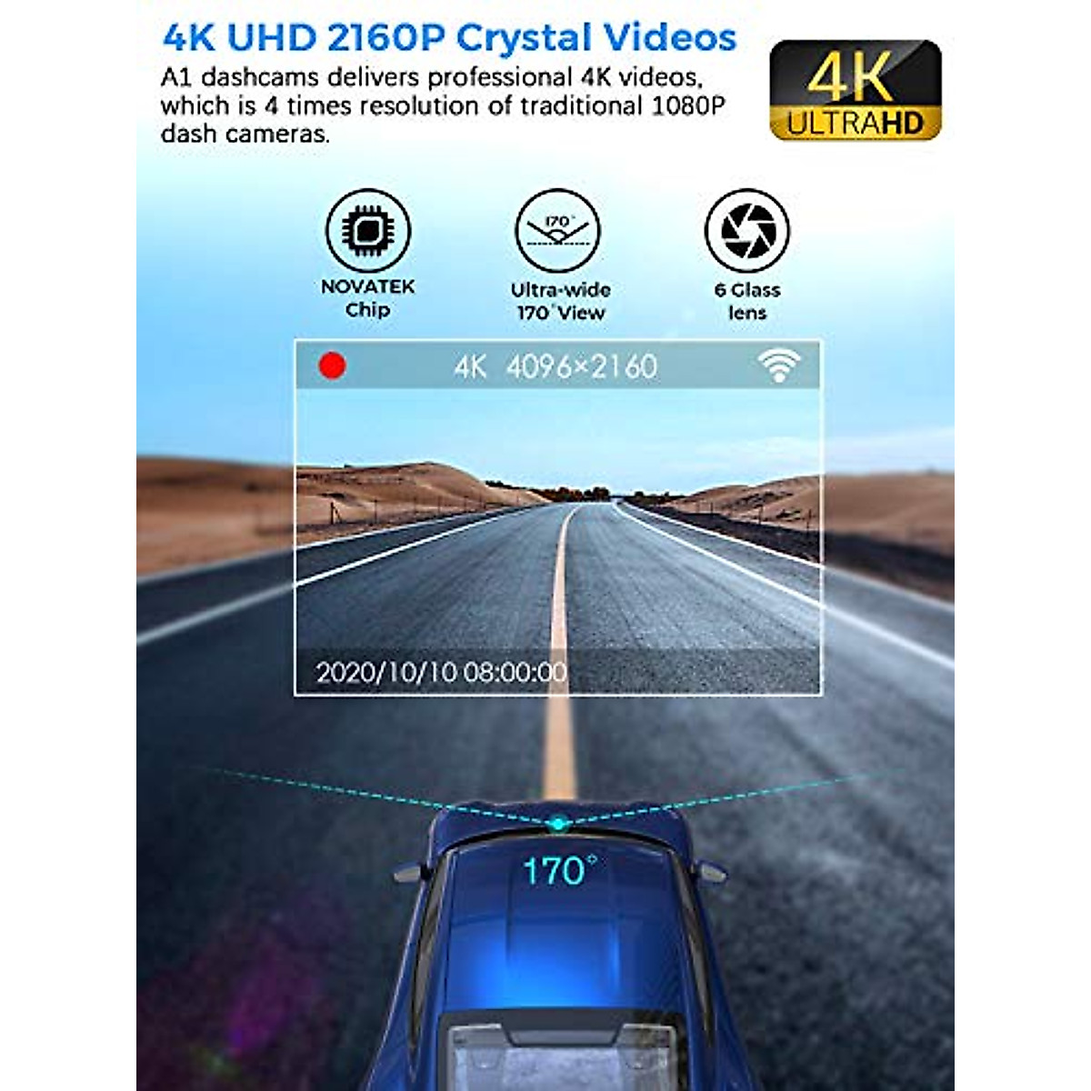 Dash Cam 4K WiFi Ultra HD 2160P Dash Camera for Cars, Car Camera, Dashcams for Cars with Night Vision, 24 Hours Parking Mode, Loop Recording, G-Sensor, APP, Support 256GB Max