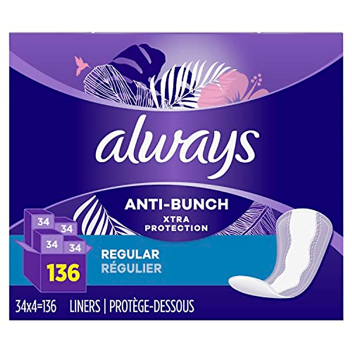 Always Anti-Bunch Xtra Protection, Panty Liners for Women, Regular, Unscented, 136 Count
