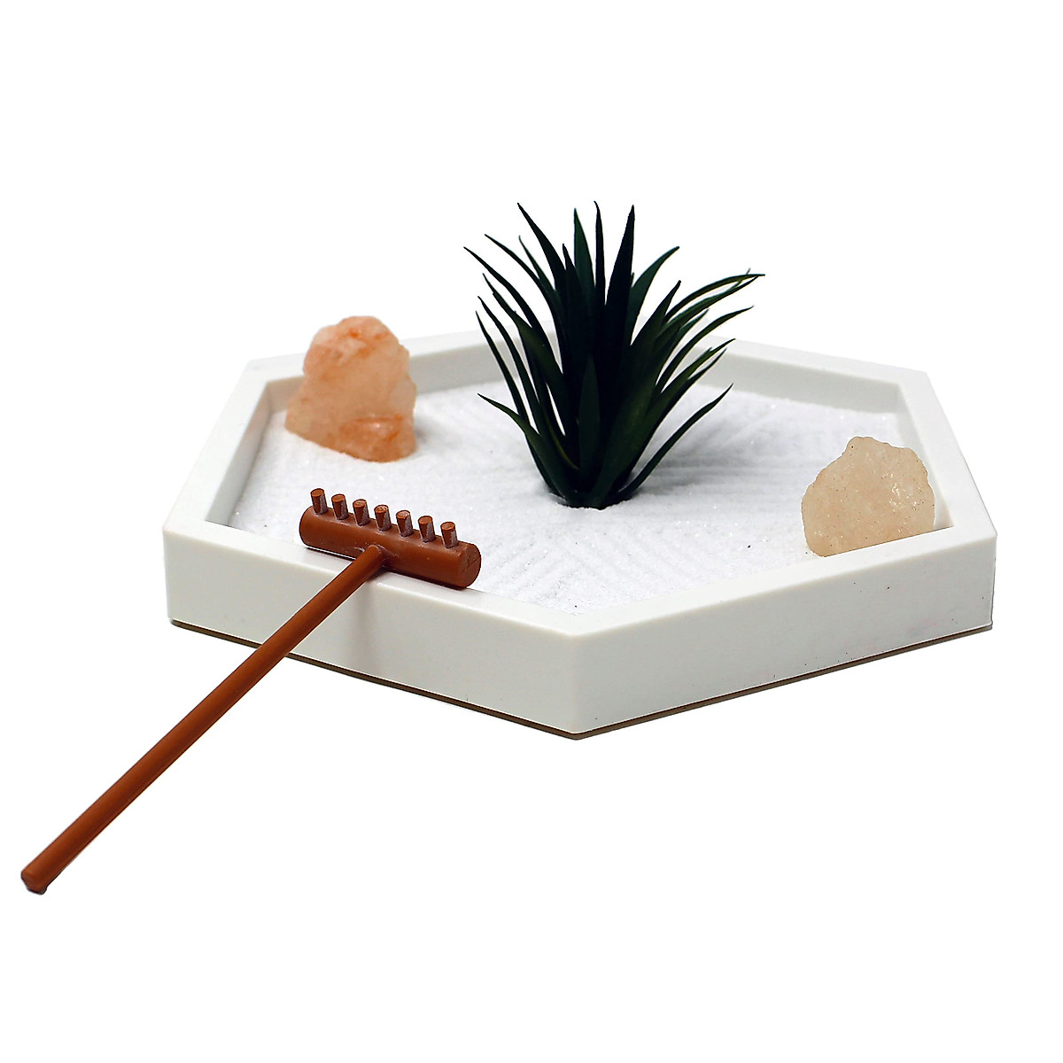 Nature's Mark Mini Zen Garden Kit for Desk with White Sand, Rake, White Base, Salt Rock and Air Plant (Round)