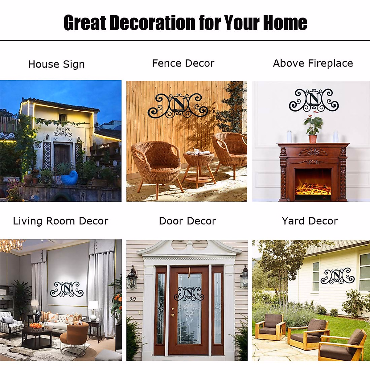 24 Inch House Plaque Letter - Wrought Iron Metal Scrolled Monogram Initial Letter Home Door Wall Hanging Art Decor Family Name Last Name Letter Sign (H, 24 x 11 inches,Thick 2mm) Christmas Gift