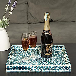 CLAYNIX Serving Tray 15.7" X11.8", Lacquer Mother of Pearl Inlay Mosaic Tray, Rectangle Wooden Marble Tray with Handles Trays for Tea, Breakfast in Bed, Table (Blue)