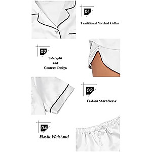 SWOMOG Womens Silk Satin Pajama Set Short Sleeve Pjs Set 2 Piece Button Down Sleepwear Lounge Sets Loungewear White