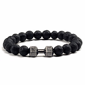 Handmade Black Dumbbell Bracelet Gym Bros Fitness Barbell Bracelet Natural Volcanic Lava Stone Adjustable Beads Bracelet Fitness Jewelry for Women (V-Black)