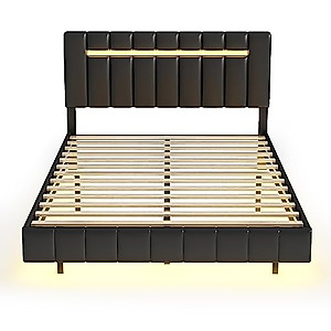 VilroCaz Modern Queen Size Floating Bed with LED Lights and USB Charging, PU Upholstered Platform Bed LED Bed Frame with Strong Wood Slats Support, No-Noise Design (A-Black)