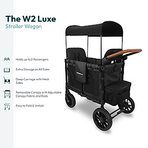 WONDERFOLD W2 Luxe Double Stroller Wagon (2 Seater) - Collapsible Wagon Stroller with Seats with Magnetic Buckle 5-Point Harnesses and Adjustable Sun Canopy, Volcanic Black