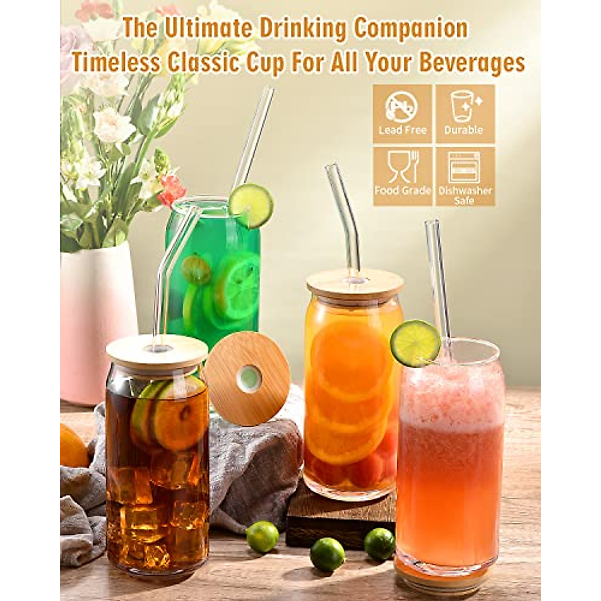 Rainforce 20 Oz Glass Cups With Lids And Straws, Beer Can Shaped Glass 12Pcs Set, Iced Coffee Cups, Glass Beer Can Cups, Drinking Glasses With Bamboo Lids, Beer Glasses, Cute Tumbler Glass Cups