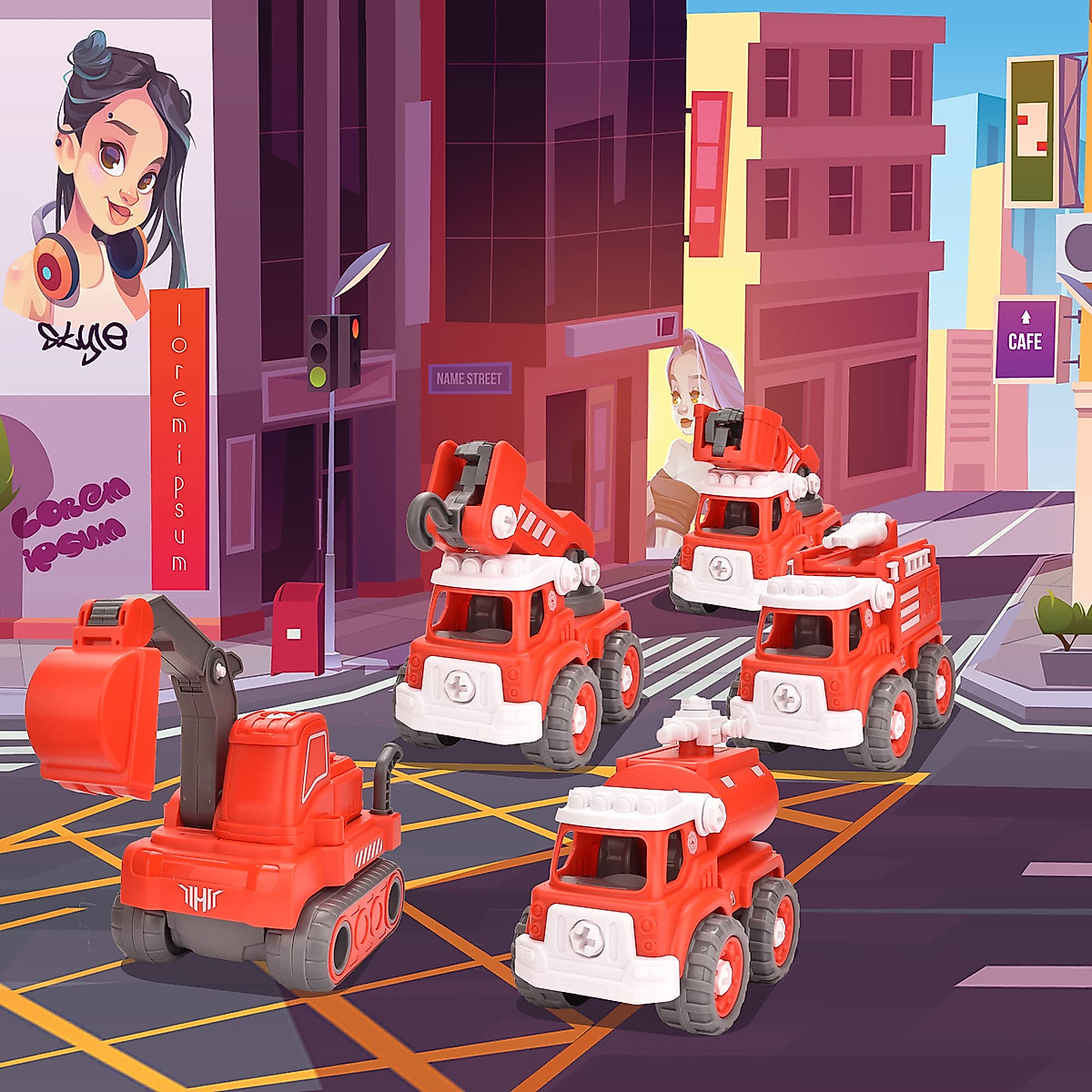 Doahurry Fire Truck Toy Take Apart Robot Transformers Toys 5 in 1 Construction Vehicle Comes with a Electric Drill, Assembly Robot Building Toy Crane Toy Kids Ages 4-12 Birthday (Red)