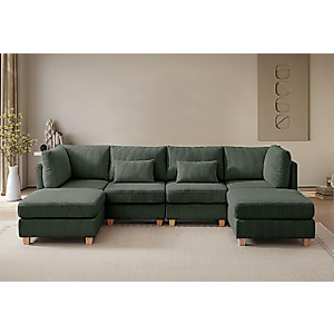 MYINDA U Shaped Sectional Couches for Living Room, 110 Inch Modular Sectional Sofa with Movable Ottoman, Corduroy Oversized Living Room Furniture Sets (Dark Green)