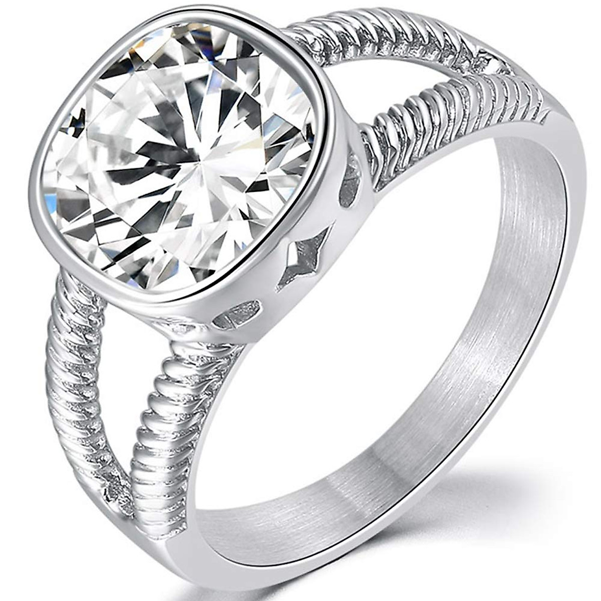 Jude Jewelers Stainless Steel Square Princess Cut Split Shank Wedding Engagement Propose Anniversary Statement Ring (Silver Clear, 8)