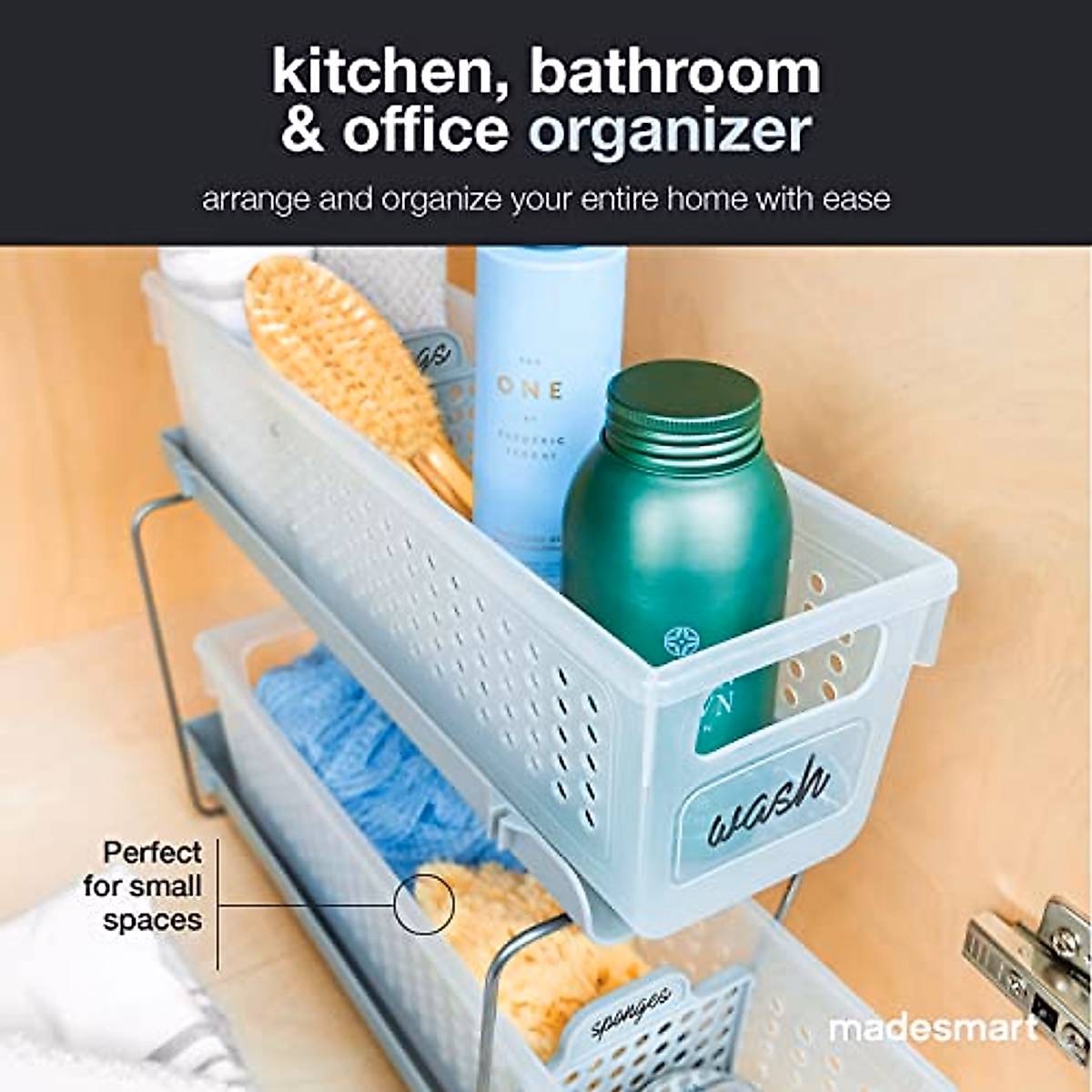 Madesmart 2-Tier Plastic Mini Multipurpose Organizer with Divided Slide-Out Storage Bins, Compact Under Sink and Cabinet Organizer Rack, Frost