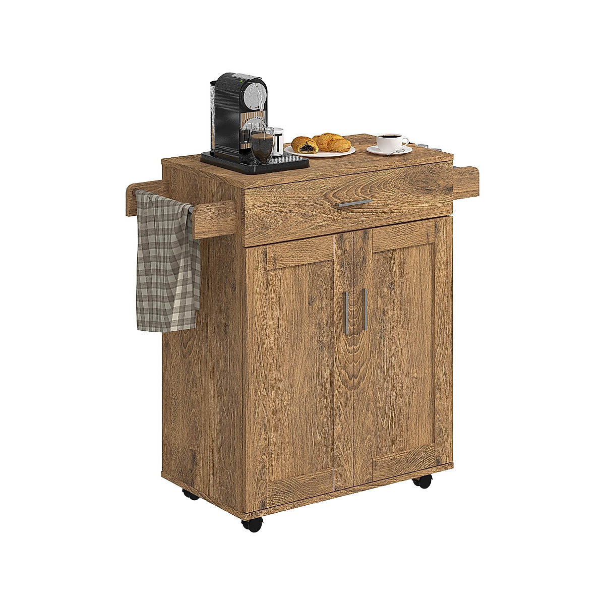 Panana Rolling Kitchen Island, Kitchen Trolley Cart with Spice Rack, Large Drawer, Towel Rack, Storage Pantry Cabinet, Kitchen Cart on Roller Wheels, Dining Room Furniture, Walnut