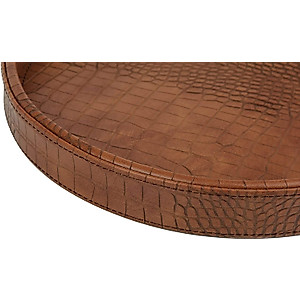 HofferRuffer Faux Leather Round Serving Tray, Vegan Croco Leather Decorative Tray, Food Tray for Storage Drinks, Snack & Cosmetics, Dia.12'' x 1.6'' (Antique Brown)