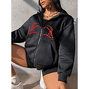JINTING Skeleton Heart Hand Zip Up Hoodie Sweatshirt Women Vintage Jacket Halloween Oversized Top Jackets Pullover Black
