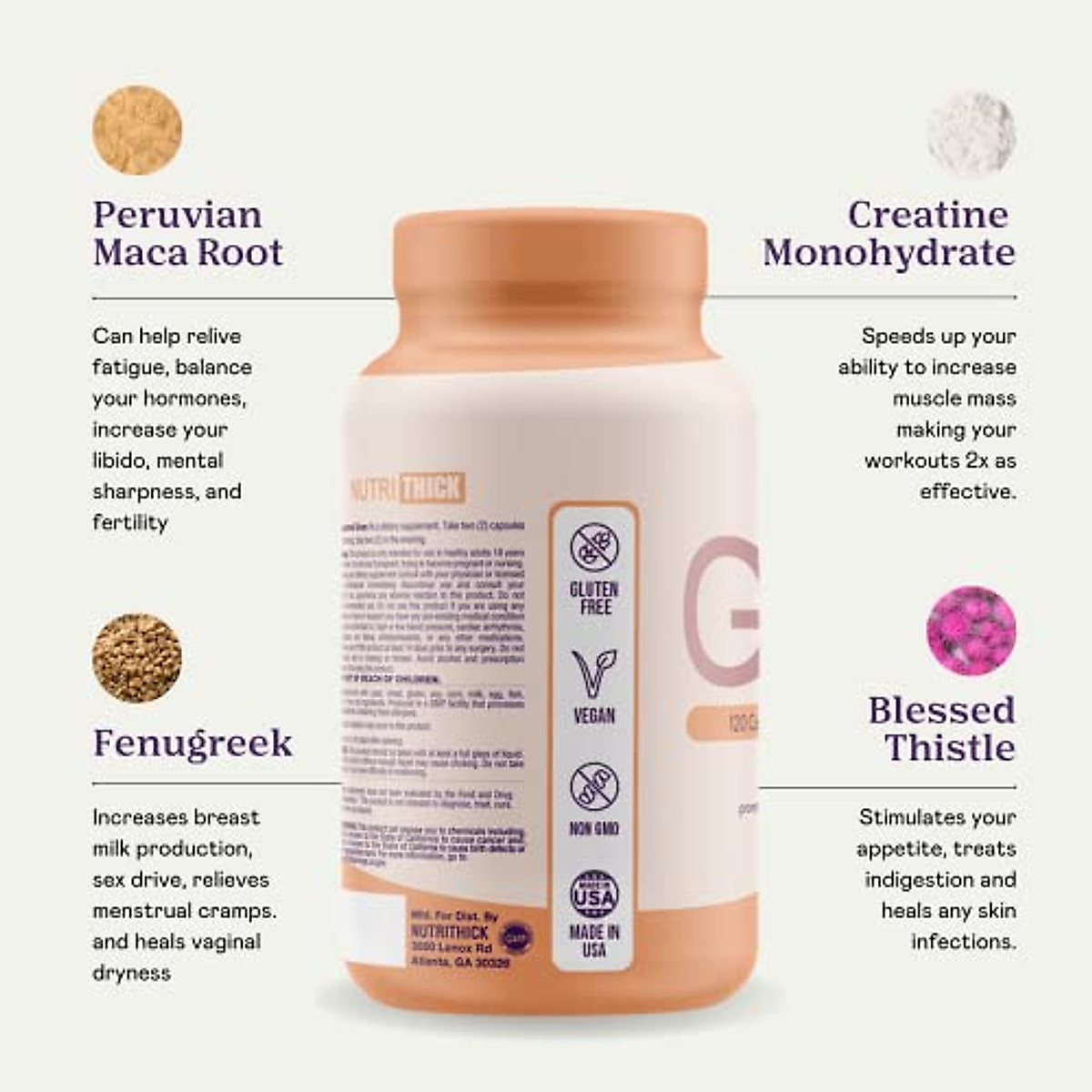 NUTRITHICK Weight Gainer Capsules - with Maca Root, Fenugreek and Creatine for Women - Vegan Appetite Stimulant + Muscle Mass + Hormonal Balance, Vitamin B1, B5, B6 (120 Capsules)