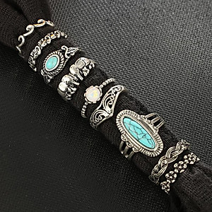 Octwine 9Pcs Bohemian Statement Knuckle Silver Rings Set Turquoise Finger Ring Elephant Midi Vintage Rings Punk Leaf Ring for Women