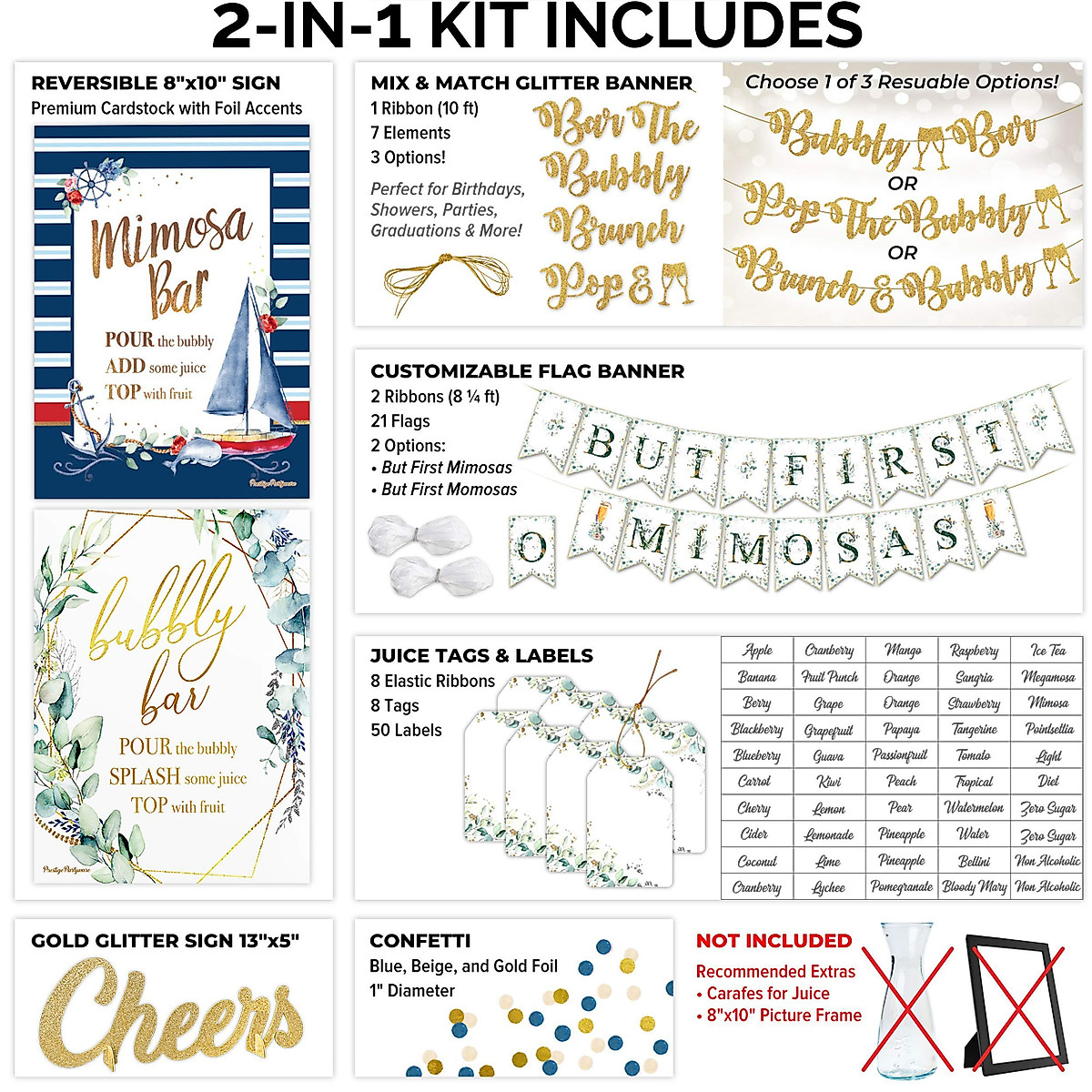 PRESTIGE Mimosa Bar Kit | Bubbly Brunch Decorations w/Greenery Mimosa Bar Sign & Gold Banners. Classy Bridal Shower Decorations, Momosa Bar Baby Shower Supplies, Rustic Birthday Party Brunch Decor Set