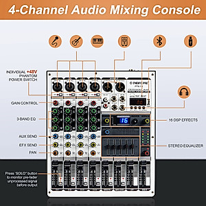 Professional Audio Mixer, Phenyx Pro Sound Mixer w/USB Audio Interface, 4-Channel Sound board Dj Mixer w/Stereo Equalizer, 16 DSP Effects, suitable for Stage, Live Gigs, and Karaoke (PTX-15)