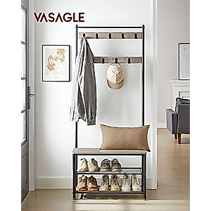 VASAGLE Coat Rack, Hall Tree with Shoe Storage Bench, Entryway Bench with Shoe Storage, 3-in-1, Steel Frame, for Entryway, 12.6 x 27.6 x 69.8 Inches, Industrial, Greige and Black UHSR41MB