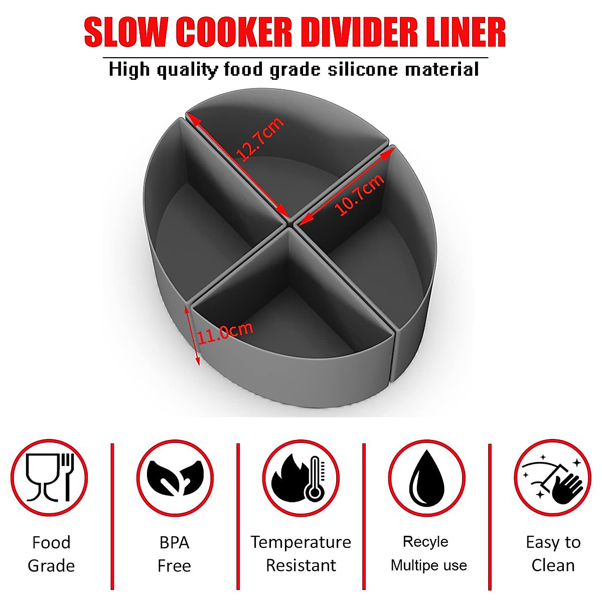 Slow Cooker Divider Liner fit 6 QT Crockpot, Reusable & Leakproof Silicone Crockpot Divider, Dishwasher Safe Cooking Liner for 6 Quart Pot (Grey)