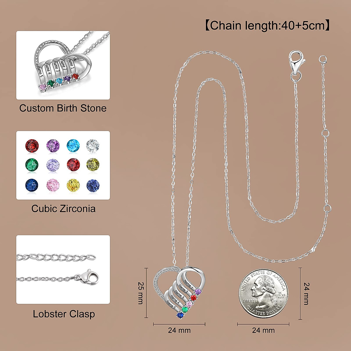 Jeweidea Personalized Heart Necklace with 2-6 Simulated Birthstones Custom Name Mother Daughter Chain Pendant for Women Mom Birthday (5 Names)