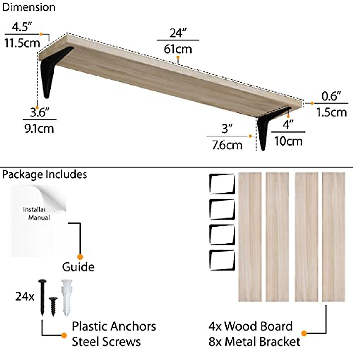 Wallniture Arras Floating Shelves for Living Room Wall Decor, Bookshelf Units Office & Kitchen Organization Wall Shelves Set of 4, Natural Wood Shelf 24"x4.5"