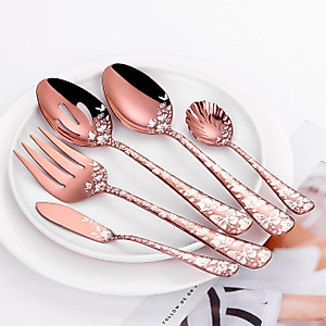 Stapava 89-Piece Copper Silverware Set, Plus Steak Knives & Serving Utensils, Rose Gold Flatware Cutlery Set for 14, Mirror Eating Utensils Tabnsils Tableware, Butterfly Flower Design, Dishwasher Safe