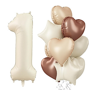 40 Inch Cream 1 Balloon Decor, Beige Tan Brown Heart Balloons, Foil Neutral Nude Sand White Helium Star Number 1 Balloons for Girls 1st Birthday Anniversary Baby Shower Party Boho Decoration Supplies
