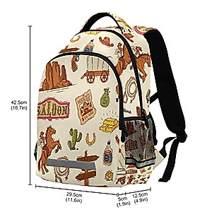Coloful America Western Cowboy Backpack Laptop Bag Wildlife Lasso Cactus Gold Shoulder Bookbag Casual Travel Camping Daypack Safe Reflective Stripes Large Capacity