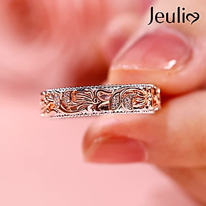 Jeulia Floral Ring Band Sterling Silver Two Tone Leaf Carved Vintage Unique Hollow Flower Rose Gold Jewelry Engagement Wedding Bridal Sets Stackable Anniversary Promise with Gift Box (Floral, 10)