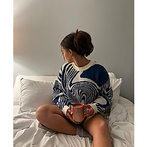 Aelfric Eden Oversized Graphic Sweater Color Block Knitted Pullover Crewneck Casual Streetwear Sweaters Blue