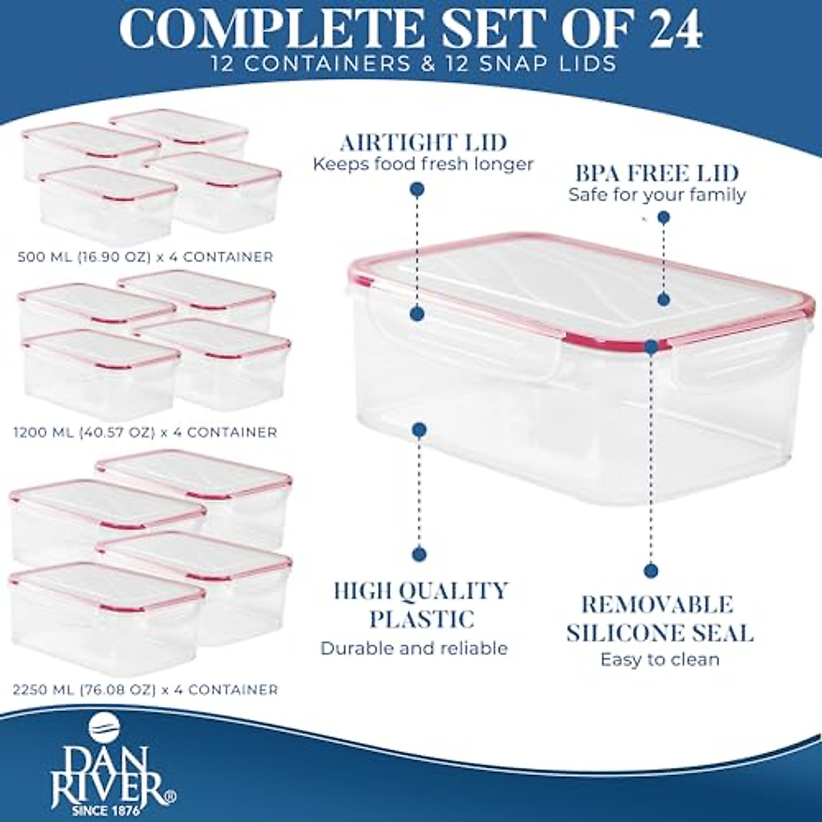 DAN RIVER Reusable Air Tight Plastic Containers with Lids 24-Piece Set (12 Containers & 12 Snap Lids), Leak-Proof & Microwave Safe, Air Tight Food Storage Set, Red