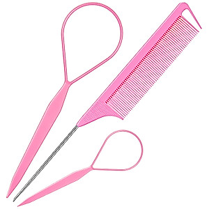 TsMADDTs Hair Styling Tool Set - 3 Pcs French Braid Tool, Rat Tail Comb, and Metal Braiding Pin in Pink