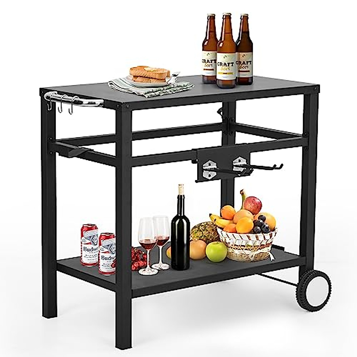 Outdoor Grill Cart Pizza Oven Stand with Foldable Side Table, 33.5" x 19.7", BBQ Prep Table with Wheels & Hooks, Side Handle, Double-Shelf Grilling Cart Tabletop Griddle Cooking Station,Silver