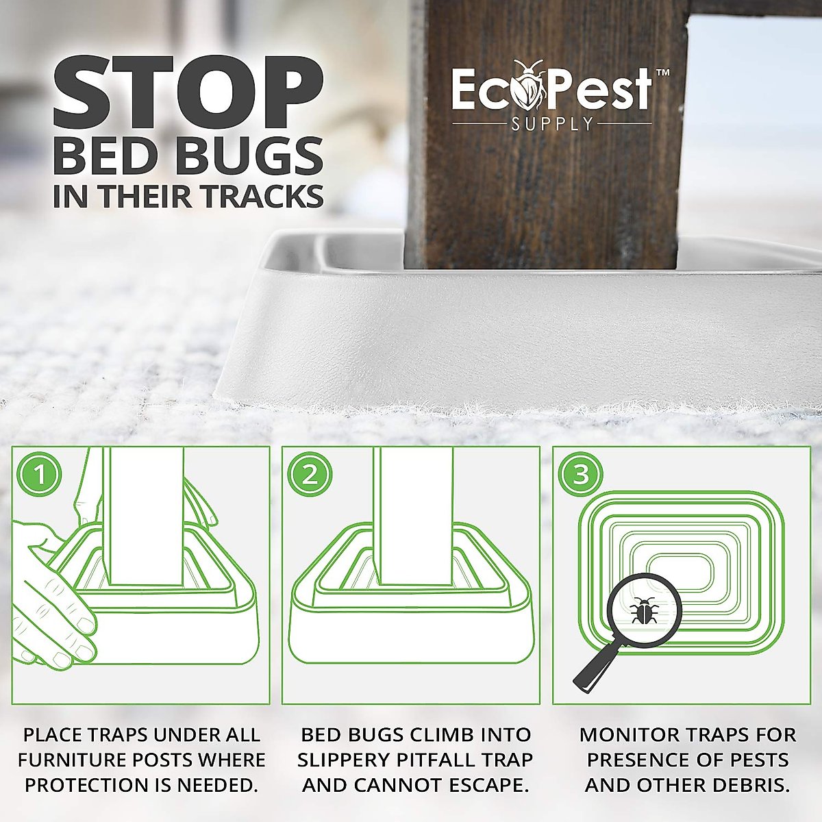 Bed Bug Interceptors – 8 Pack | Bed Bug Blocker (XL) Interceptor Traps | Extra Large Insect Trap, Monitor, and Detector for Bed Legs (White)
