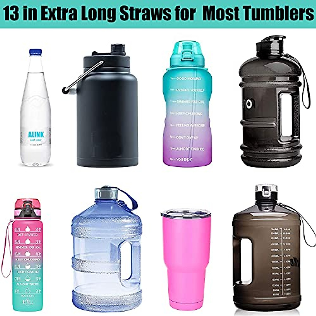 ALINK 12-Pack Reusable Plastic Clear Straws, 13 inch Extra Long Tumbler Straws for 1 Gallon, 64 oz 40 oz 32 oz Water Bottles, Plus Cleaning Brush