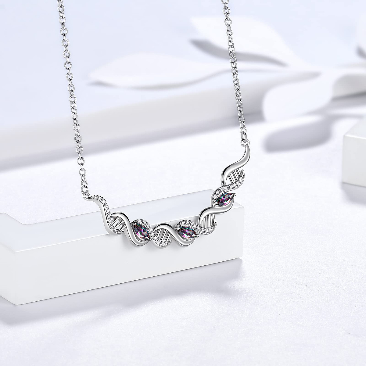 Aurora Tears DNA Double Helix Chemistry Science Molecule Biology Necklace Infinity 925 Sterling Silver Mystic Rainbow Topaz Spiral Pendant Jewelry for Women DP0310W