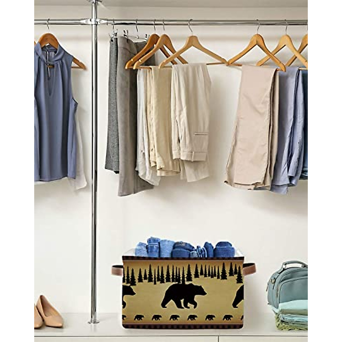 Storage Cubes Organizer with Handles, Black Forest Bear Animal Silhouettes on Retro Backdrop Storage Bins Fabric Collapsible Storage Baskets for Shelf Closet Nursery Cloth Organizers Box 1pcs
