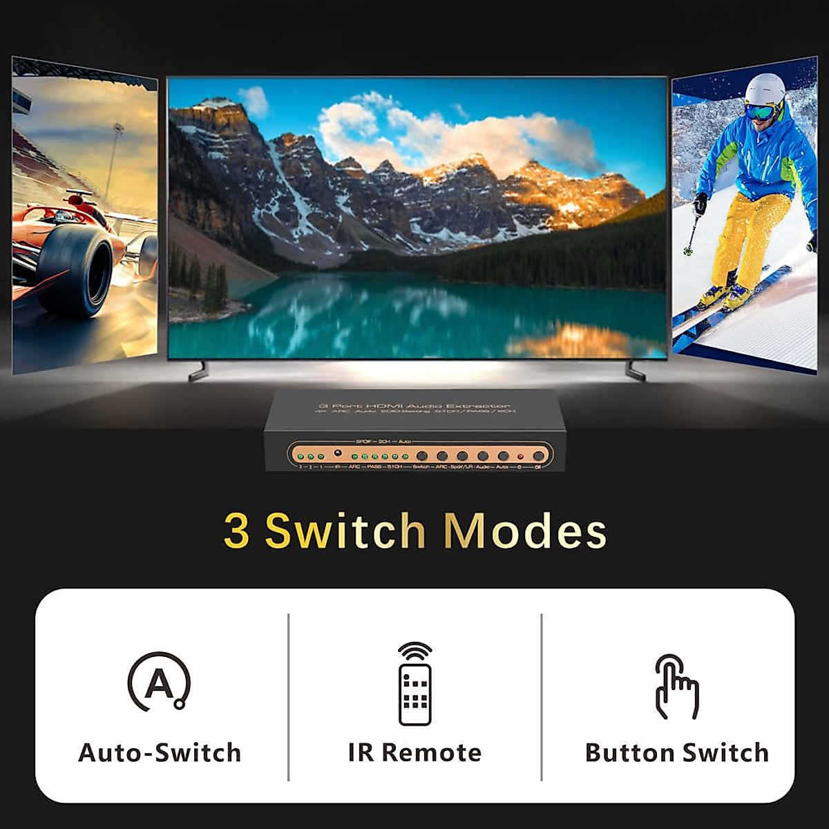 iArkPower 3 in 1 Out HDMI Switch Audio Extractor 4K@30Hz HDMI Switcher with Optical RCA L/R Audio Out