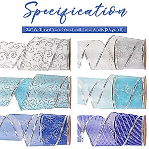 AIMUDI Blue and Silver Christmas Ribbon Wired 2.5" Ice Blue Christmas Tree Ribbon Garland 6 Rolls 36 Yards Turquoise Blue Ribbon for Christmas Tree Topper Bows, Crafts, Gift Wrapping, Wreaths