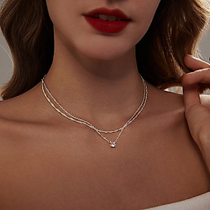 Zeffy Silver Necklace for Women Dainty Silver Layered Necklaces Silver Plated Diamond Necklaces Simple CZ Solitaire Pendant Necklace Cute Silver Chain Choker Necklaces for Women Trendy