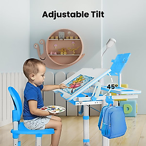 Gorilla Gadgets Kids Table and Chair Set, Height Adjustable Children's Study Desk - for Baby Bedroom, Game Rooms, Night Light Included (DSK-Kids-BLU)