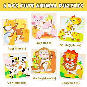 NiToy Wooden Animal Jigsaw Puzzles for Kids, Montessori Educational Building Block Toys Vivid Color Shapes for 36 Month+ Preschool STEM Early Learning Games Gift for Boys and Girls Age 3+ (6 Animals)
