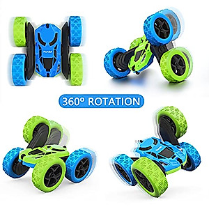 Hamdol Remote Control Car for 6-12 Year Old Double Sided 360°Rotating 4WD RC Cars with Headlights 2.4GHz Electric Rechargeable Race Stunt Toy Car for Boys Girls Birthday (Blue&Green)