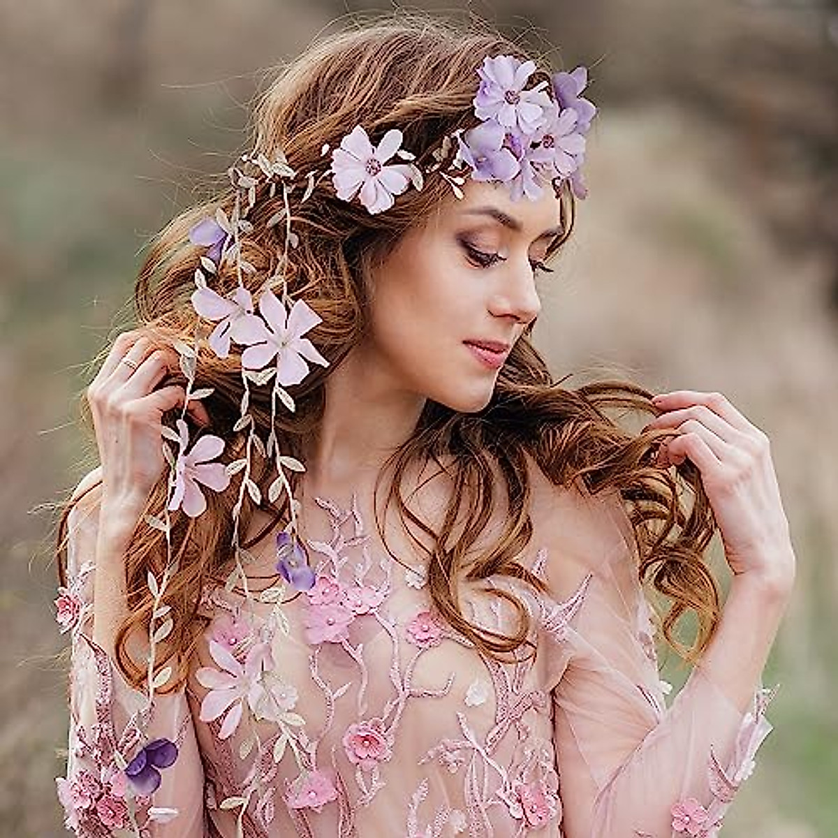 PartyforU Pink Flower Headpiece for Women - Bohemian Floral Crown Woodland Hippie Headband for Women Wedding Bride Bridesmaid Renaissance Party Renfaire